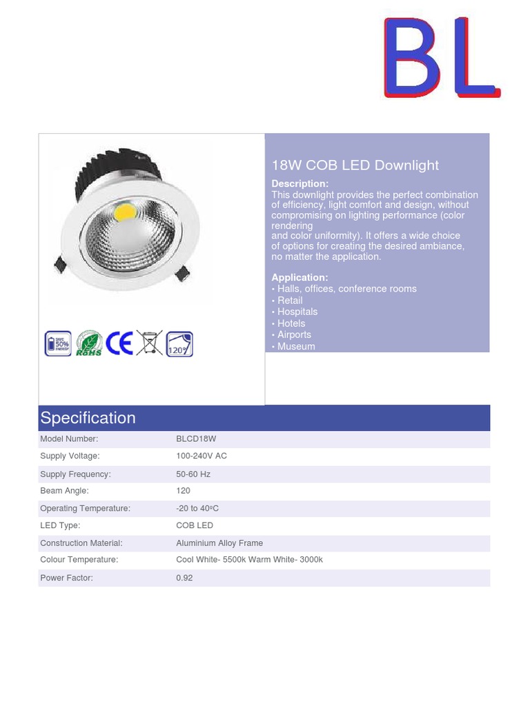 DATASHEET BL Cob LED Downlight | PDF | Electric Power | Lighting