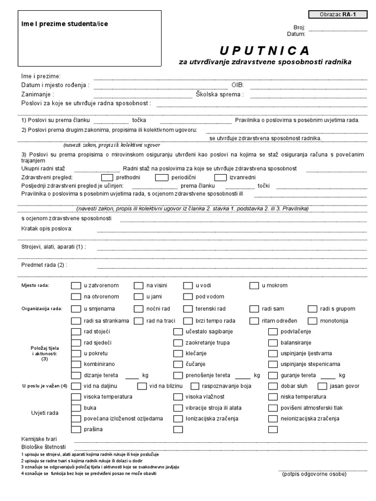 Uputnica Zdrav Sposobnost Radnika | PDF