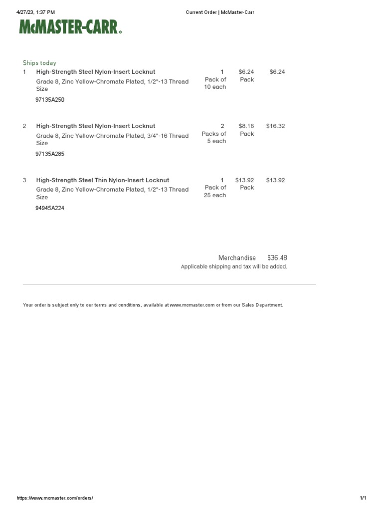 Current Order - McMaster-Carr PDF | PDF