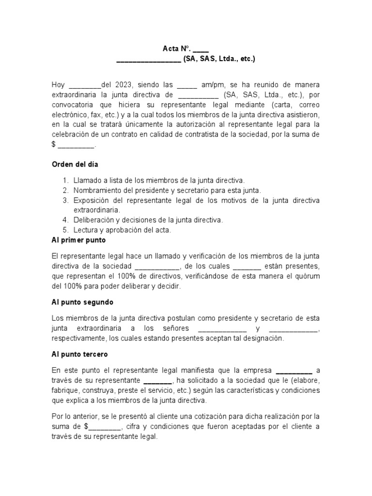 3 - Modelo de Acta de Reunion de Junta Directiva Sociedad SA, SAS, Ltda., Etc | PDF