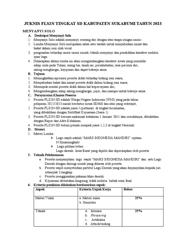 Juknis FLS2N Tingkat SD Kabupaten Sukabumi Tahun 2023 | PDF