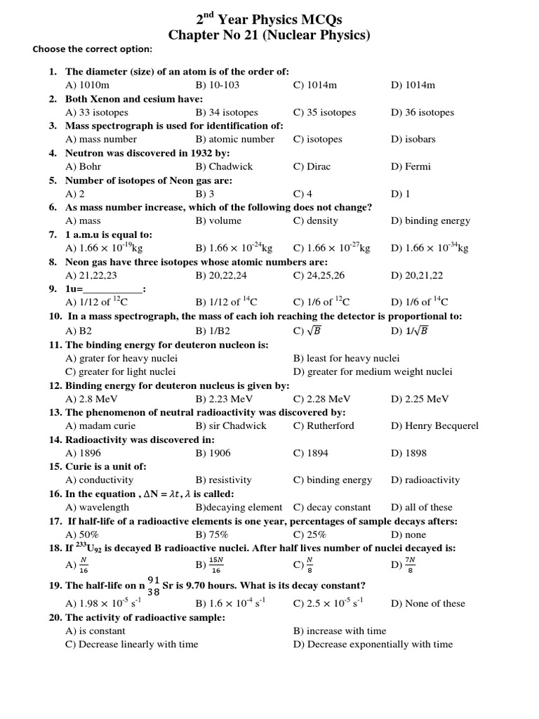 2nd Year Physics MCQs Chapter No 21 (Nuclear Physics) PDF | PDF