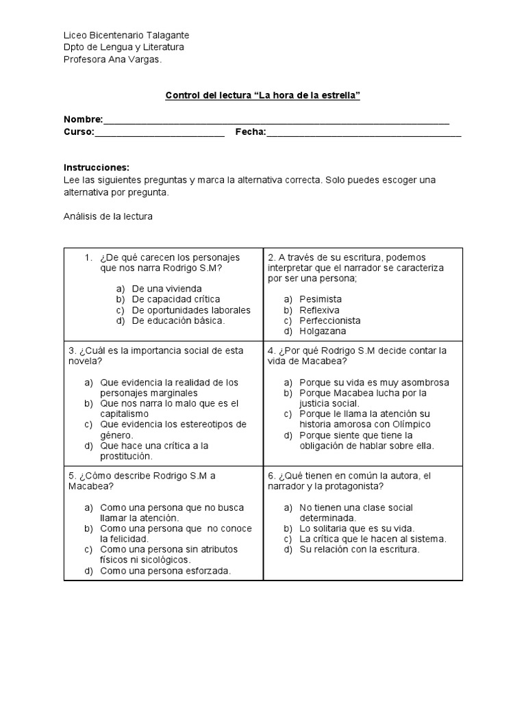 Control Del Lectura "La Hora de La Estrella" | PDF