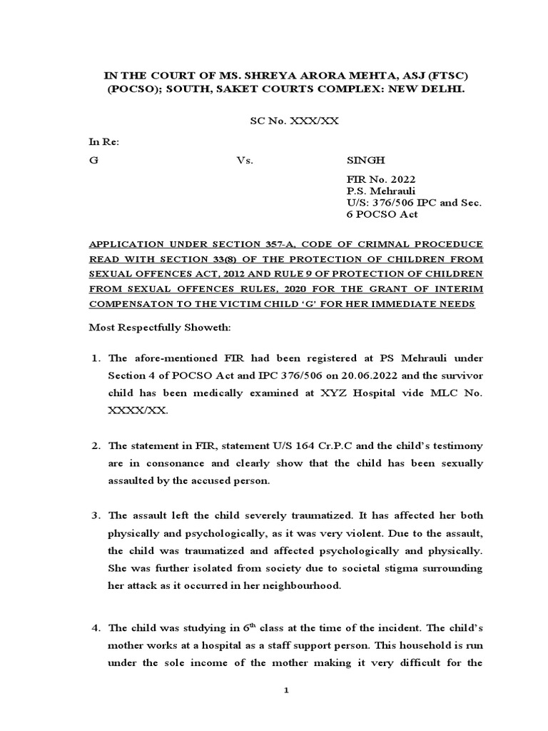 Interim Compensation Application for POCSO Victim | PDF | Sexual ...
