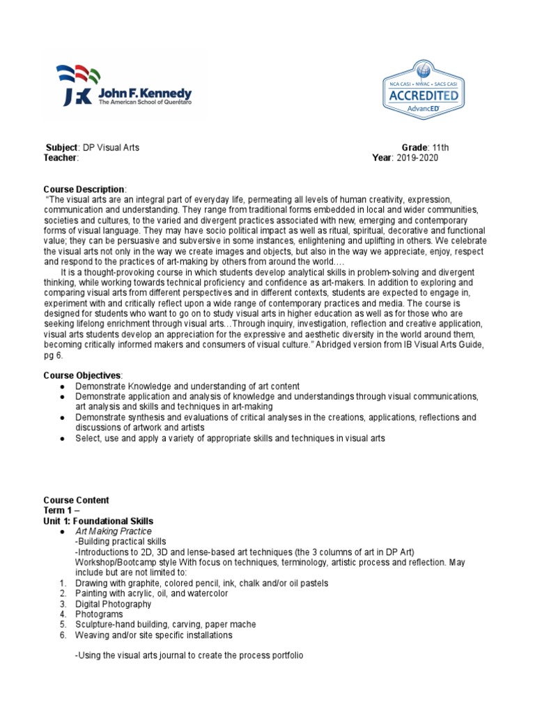 Year 1 IB DP Visual Arts Long Range Plan | PDF