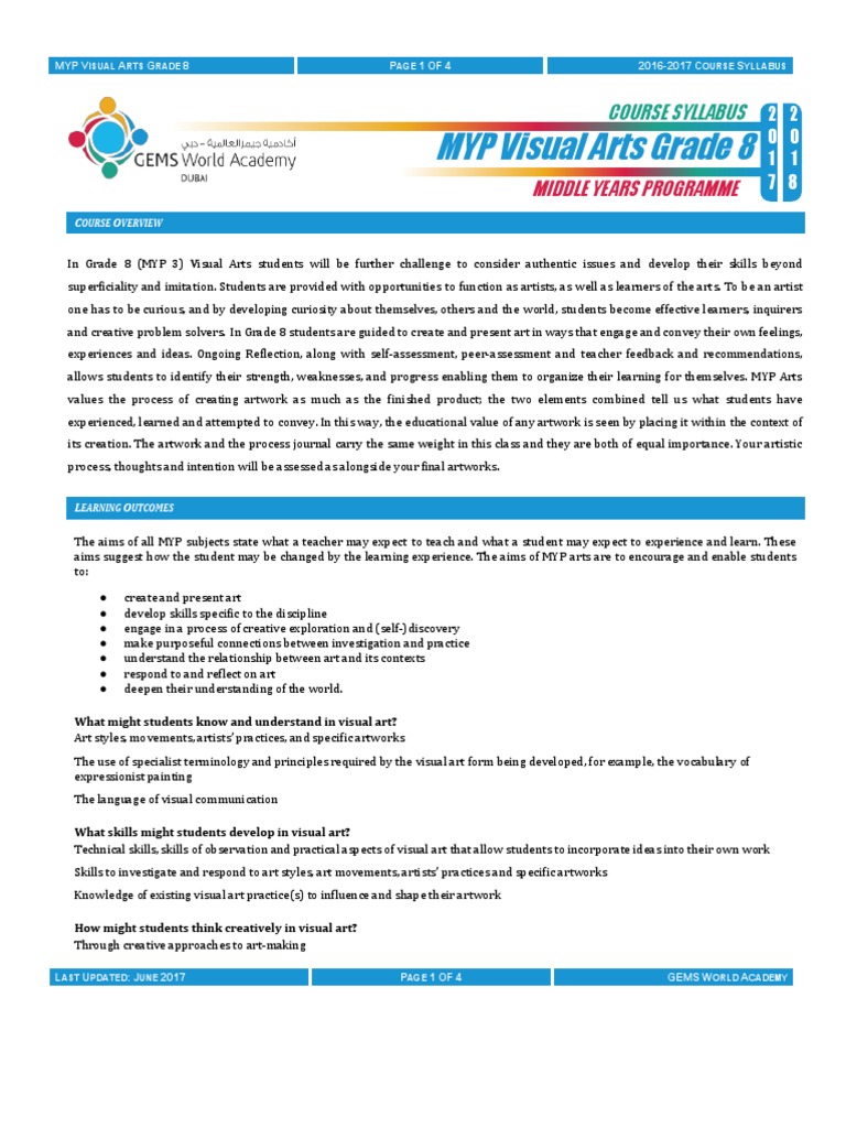 MYP Course Syllabus Visual Arts Grade 8 2017-2018 | PDF