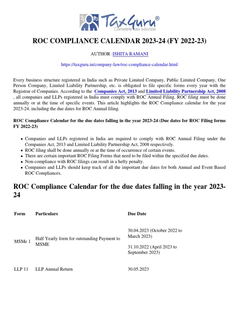 ROC Compliance Calendar 2023-24 (FY 2022-23) - Taxguru - in PDF | PDF ...