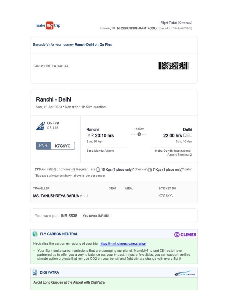 Book One-way Flight Ticket Ranchi to Delhi | PDF | Airport | Identity ...