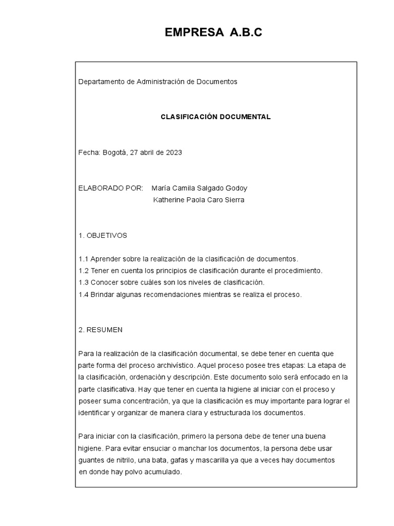TALLER INFORME CLASIFICACIÓN DE DOCUMENTOS - Documentos de Google PDF | PDF