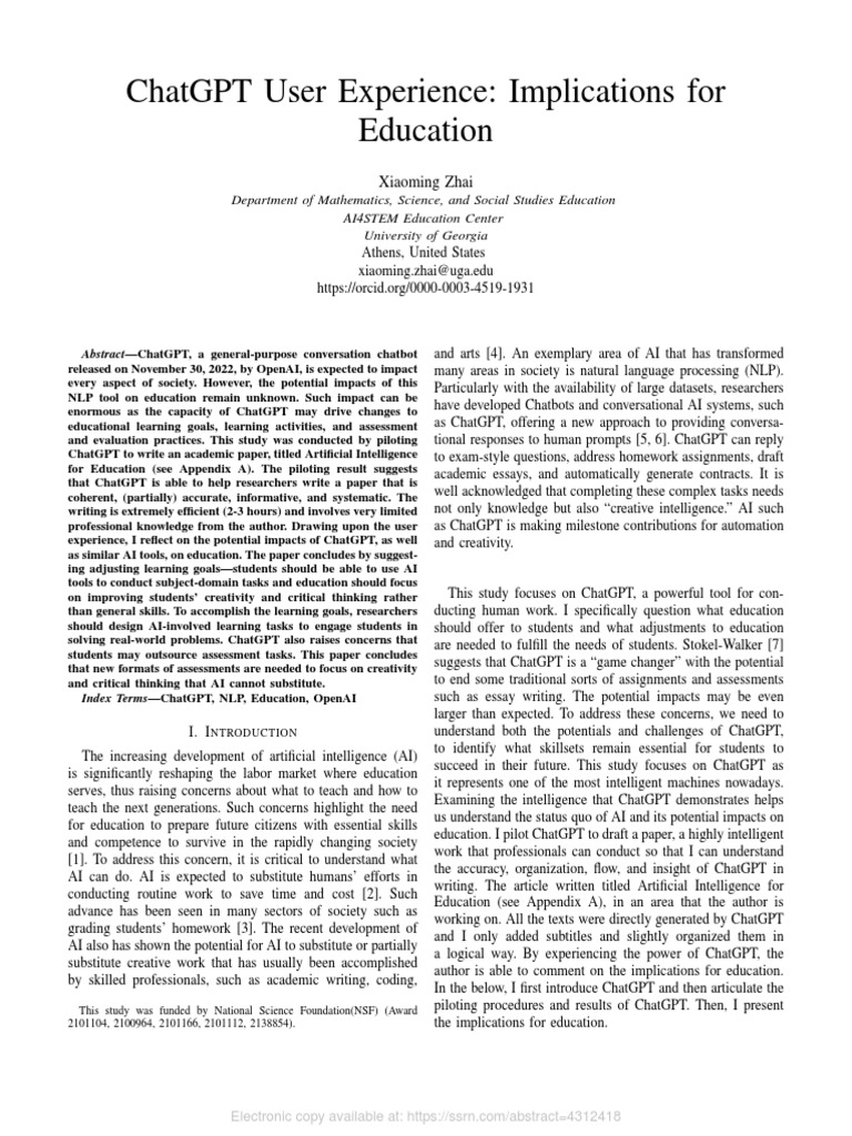 Zhai - 2022 - ChatGPT User Experience Implications For Education | PDF