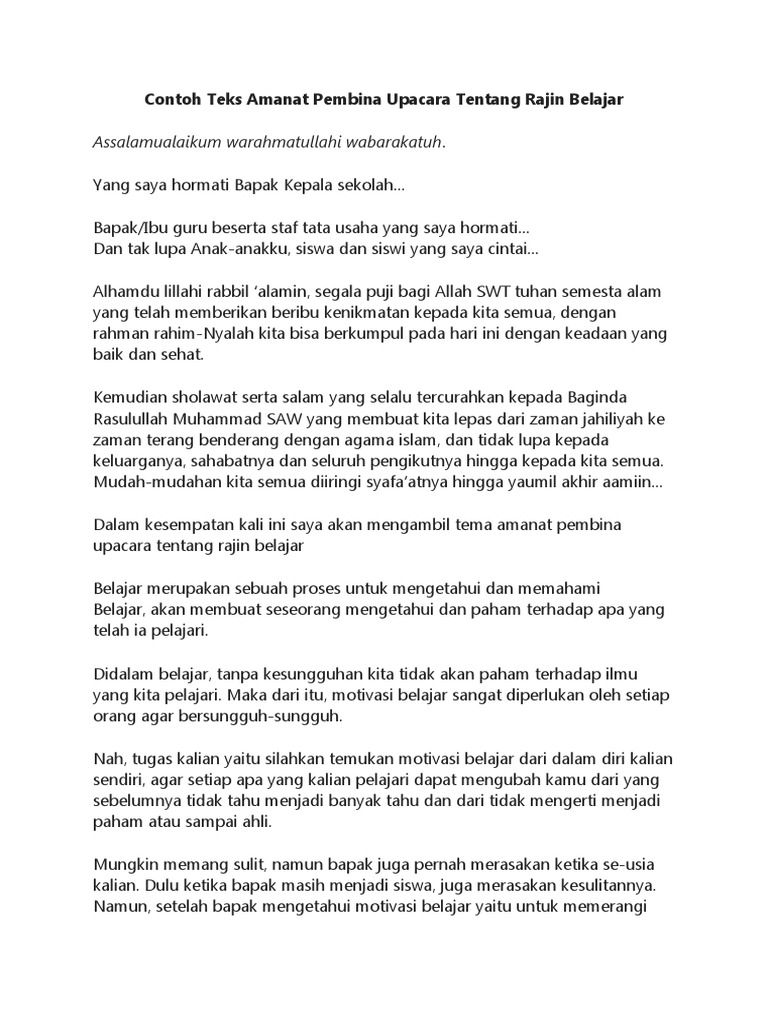 Contoh Teks Amanat Pembina Upacara Tentang Rajin Belajar | PDF