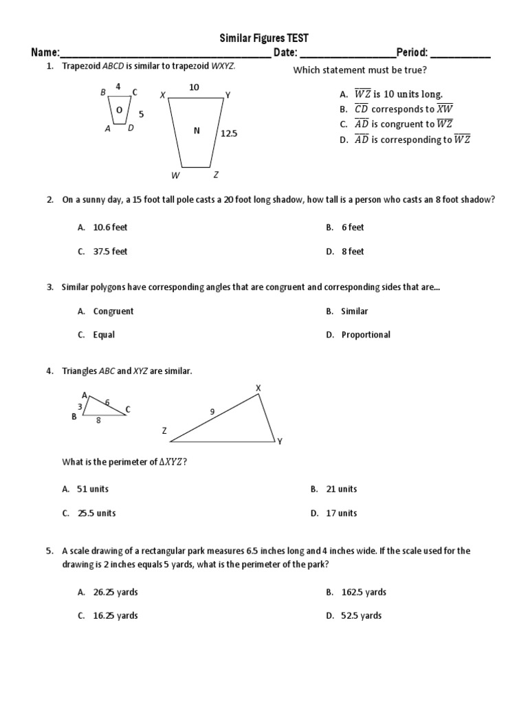 Similar Figures Test and Scale Problems | PDF