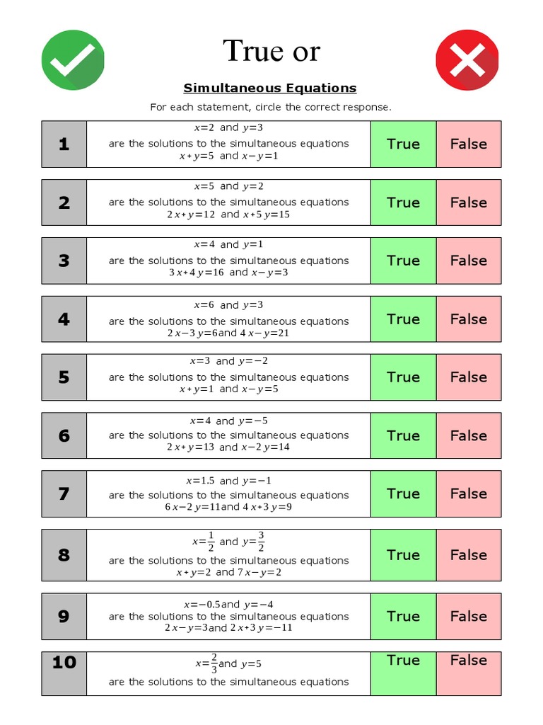 Simultaneous Equations True or False | PDF