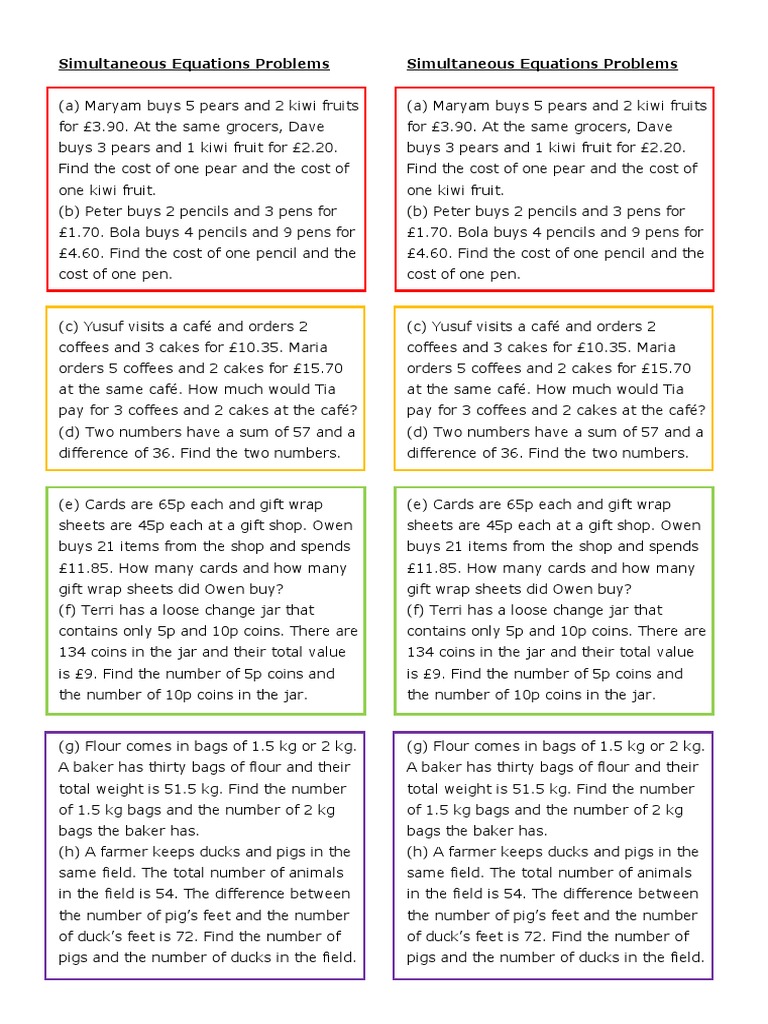 Simultaneous Equations Worded Problems Practice Strips | PDF | Cooking ...