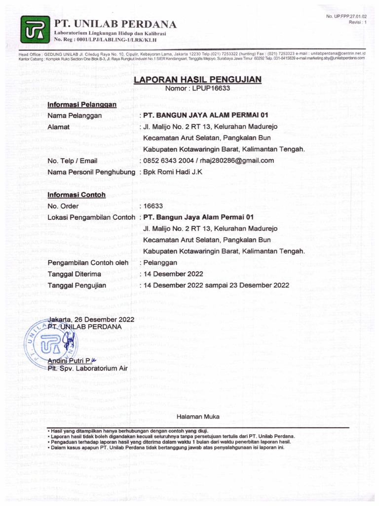 Hasil Unilab Air Limbah Domestik PDF | PDF