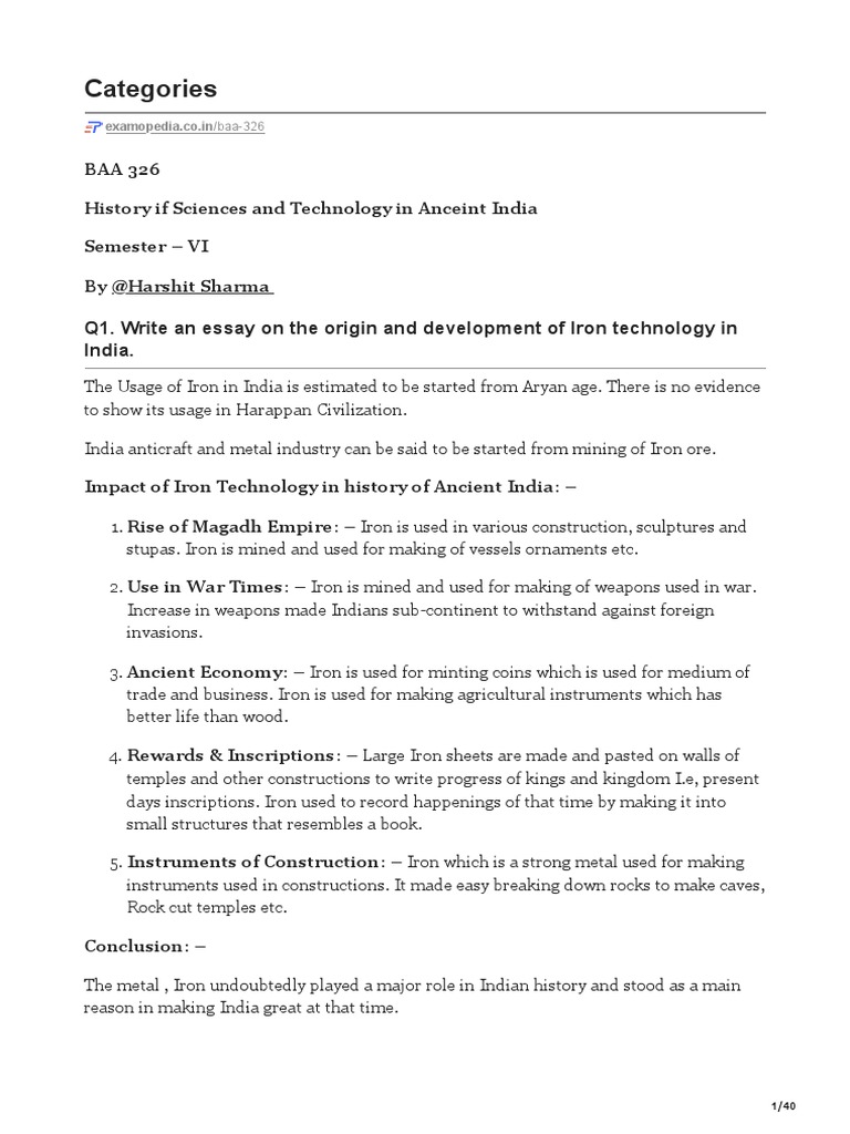 Categories: Q1. Write An Essay On The Origin and Development of Iron Technology in India | PDF