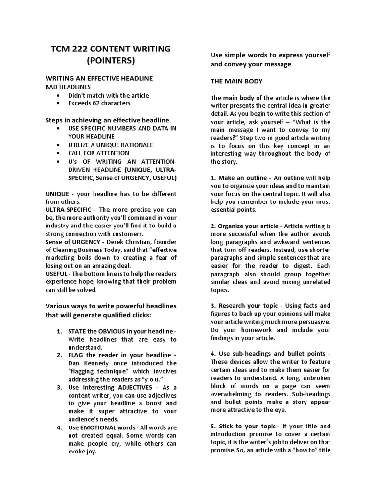 TCM 222 Content Writing Midterm Pointers | PDF
