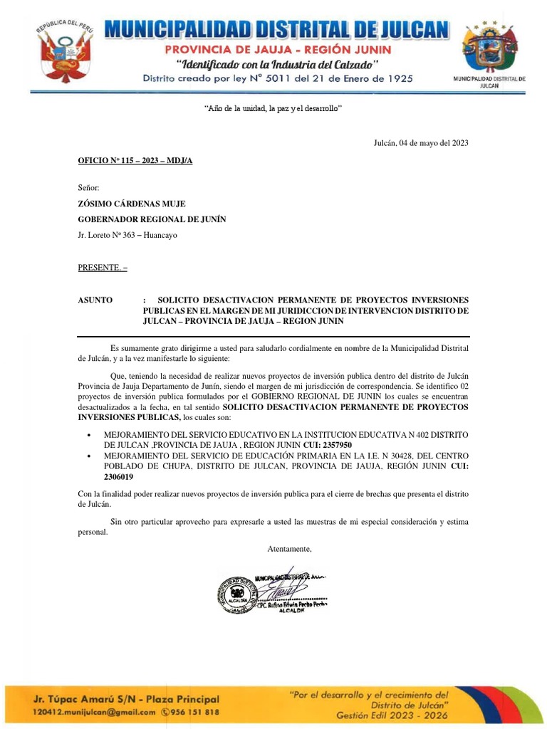Oficio 115 - Region Desactivacion PDF | PDF