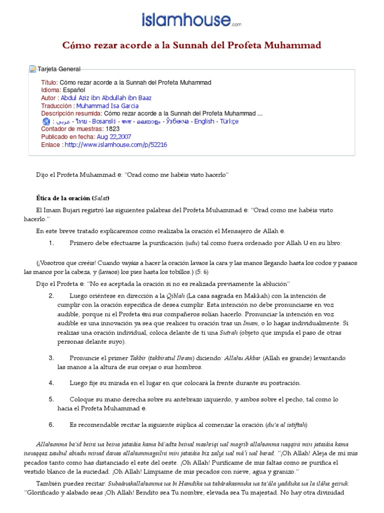 Cómo Rezar Acorde A La Sunnah Del Profeta Muhammad | PDF