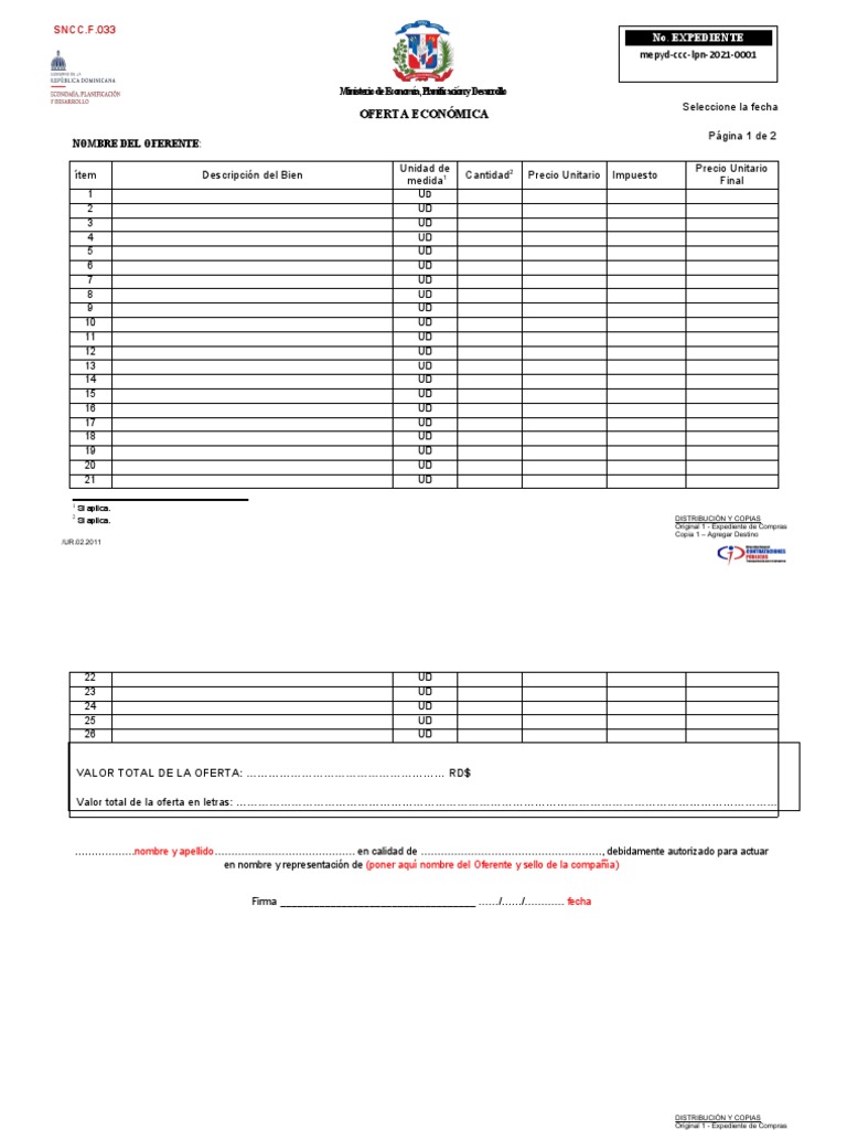 06 SNCC.F.033 Formulario Presentacion Oferta Economica | PDF