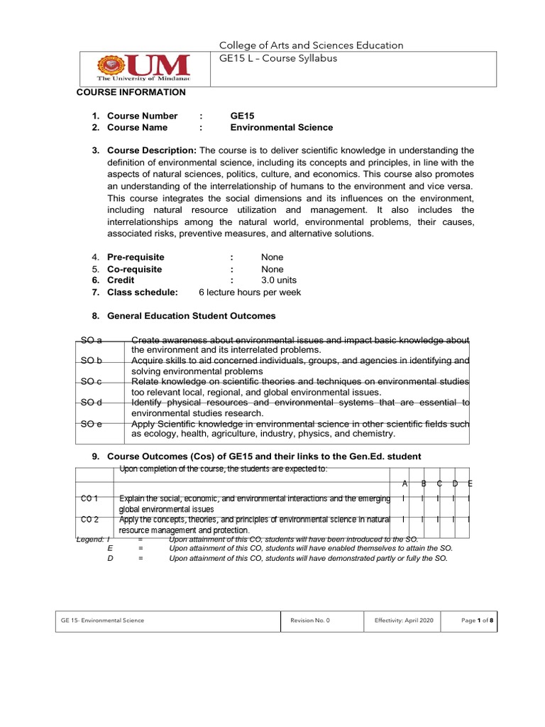 Ge15 Environmental Science Syllabus Ge15 Environmental Science Syllabus ...