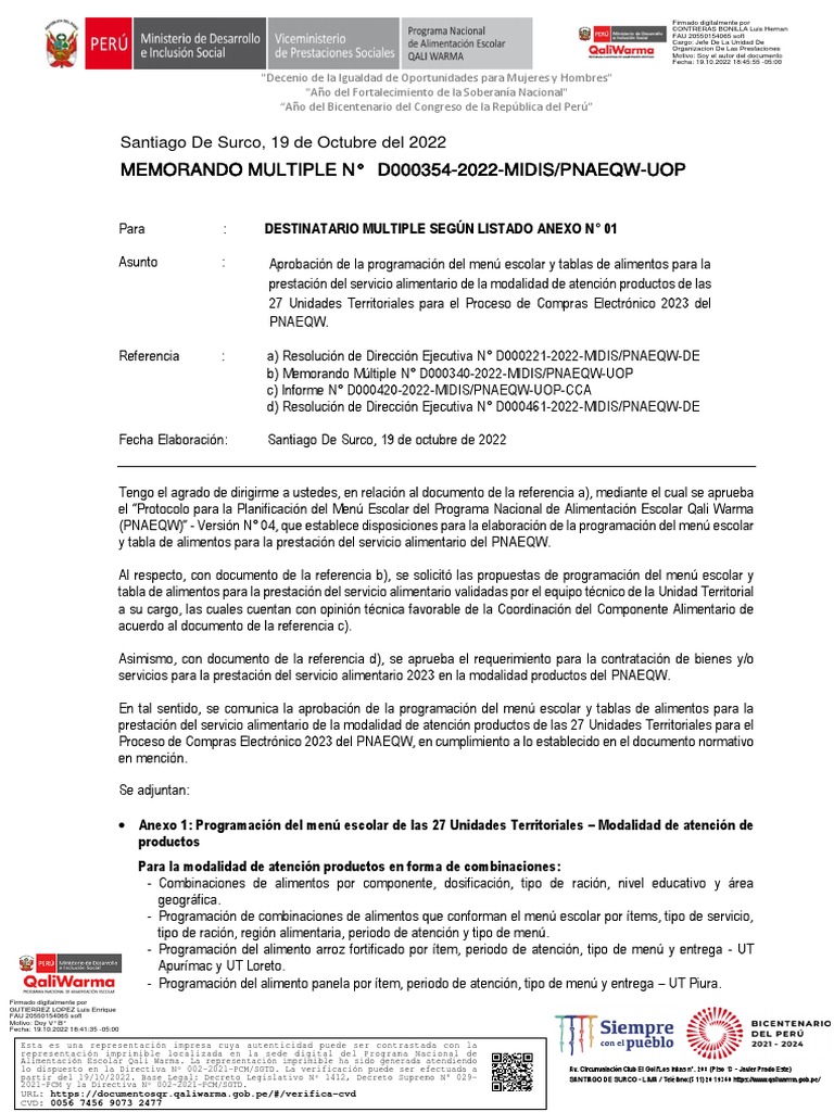 MEMORANDO MULTIPLE-000354-2022-UOP-aprobacion de programacion menu y tablas.pdf | PDF