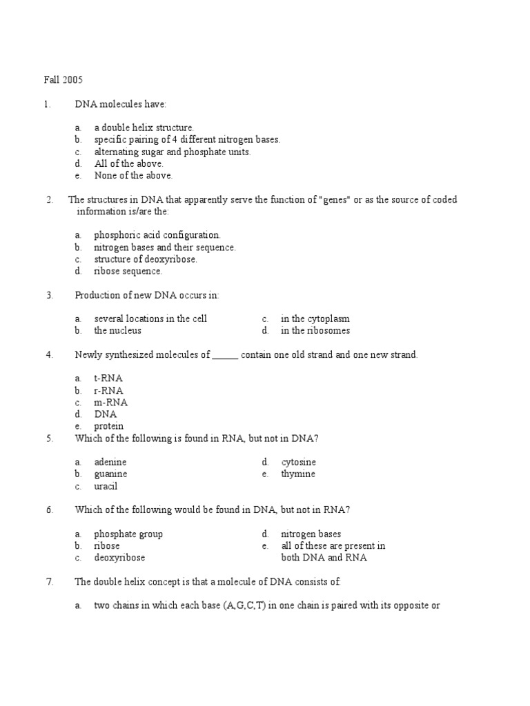 DNA Structure and Function Quiz | PDF | Rna | Dna