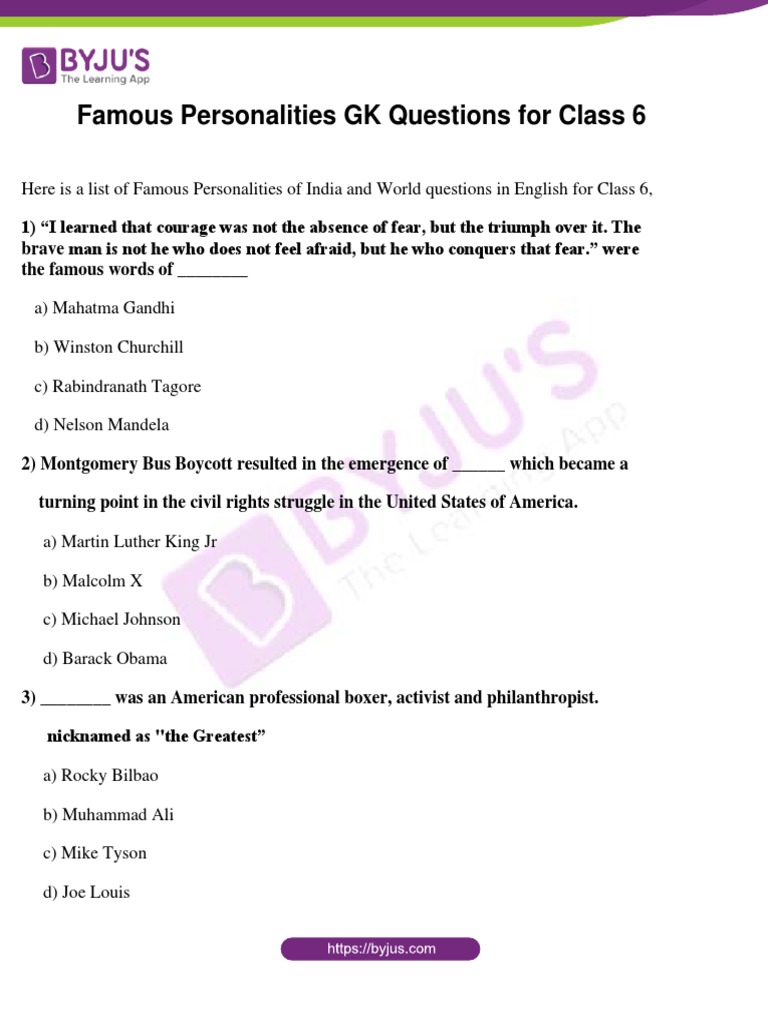 Famous Personalities GK Questions Class 6 PDF | PDF