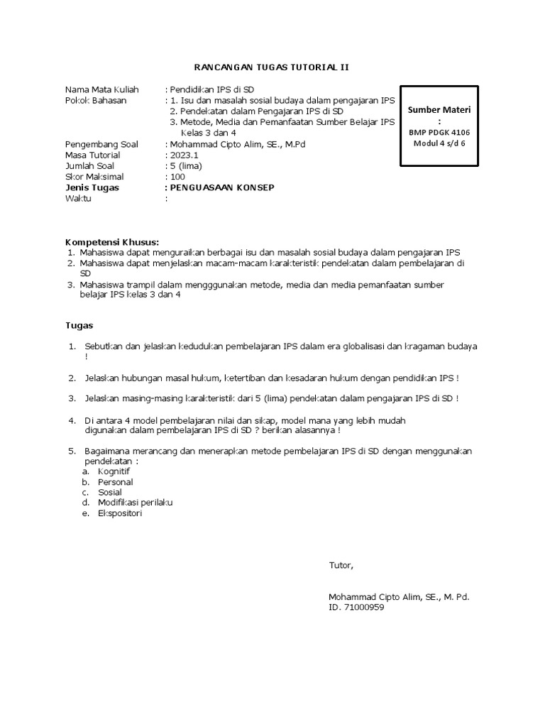 RANCANGAN TUGAS TUTORIAL II Penddk IPS SD | PDF