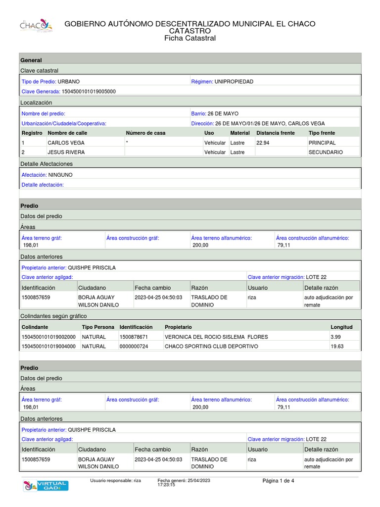 Ficha Catastral 1504500101019005000 PDF | PDF