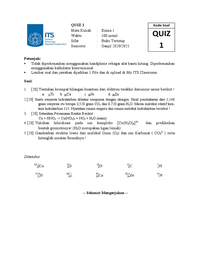 Soal Quiz 1 Kimia 1 Ganjil 2020-2021 | PDF