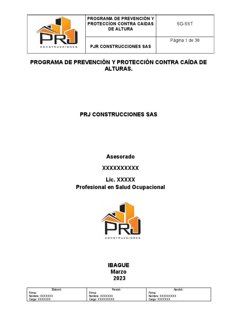 Programa de Prevención y Protección contra Caídas de Altura de PJR Construcciones SAS: Una guía ...