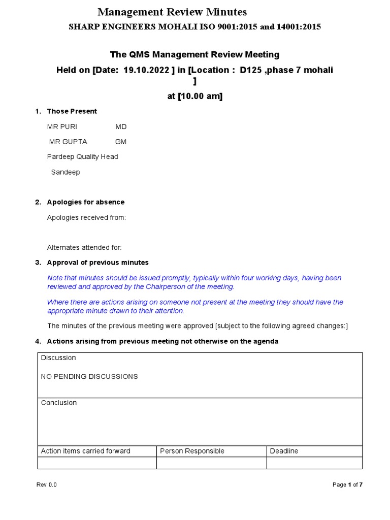 Management Review Minutes Highlights | PDF