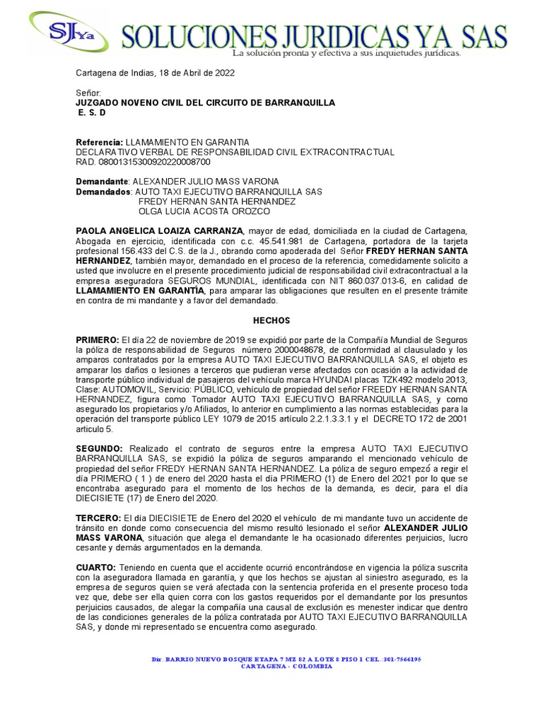 Llamamiento en Garantia - Fredy Hernan Santa Hernandez PDF | PDF | Ley ...