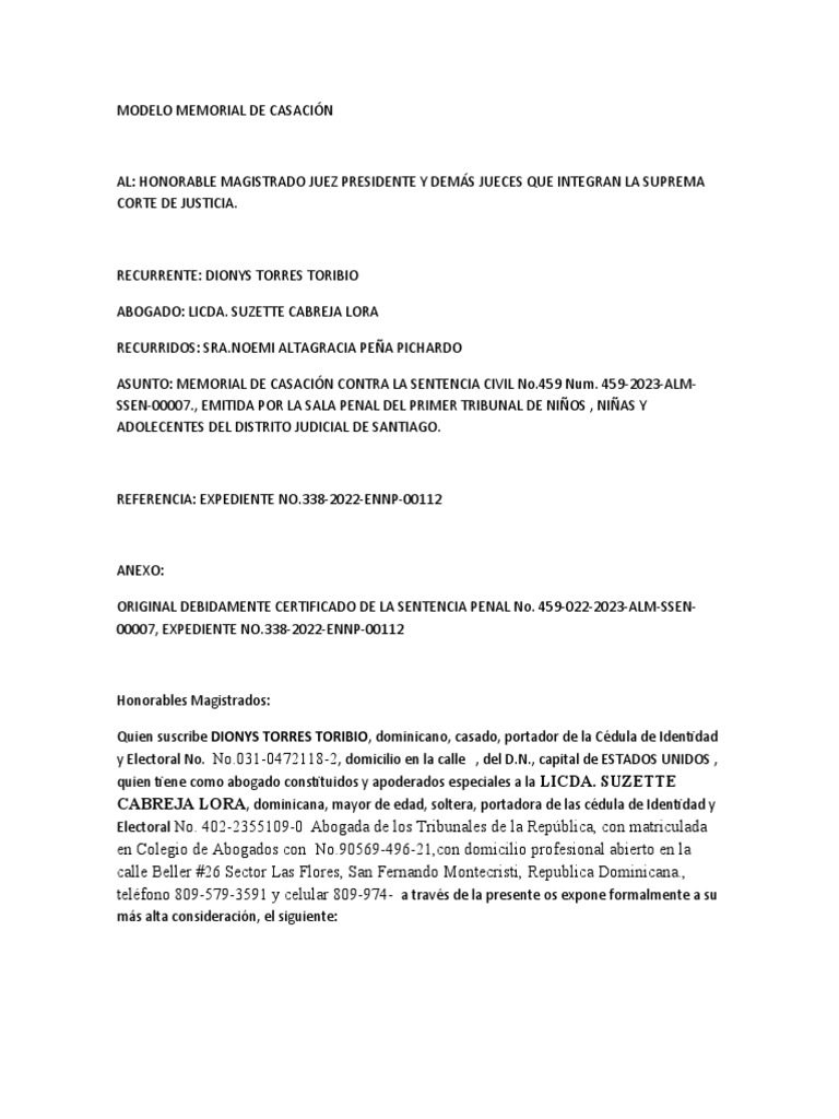 MODELO MEMORIAL DE CASACIÓN.docx | PDF | Sentencia (ley) | Justicia