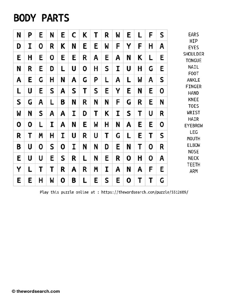 Body Parts Wordsearch Pdf Pdf