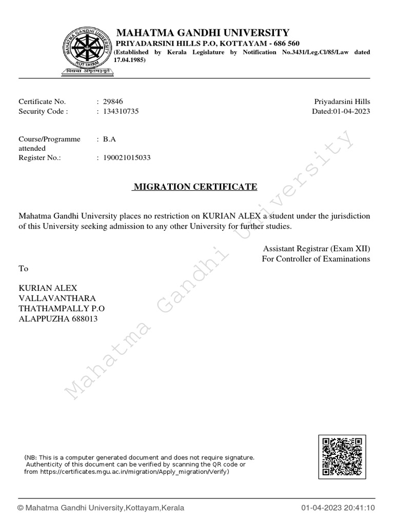 Migration Certificate PDF | PDF