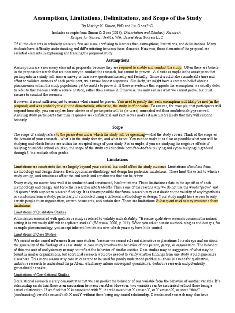 Assumptions, Limitations, Delimitations, and Scope of The Study | PDF | Survey Methodology ...