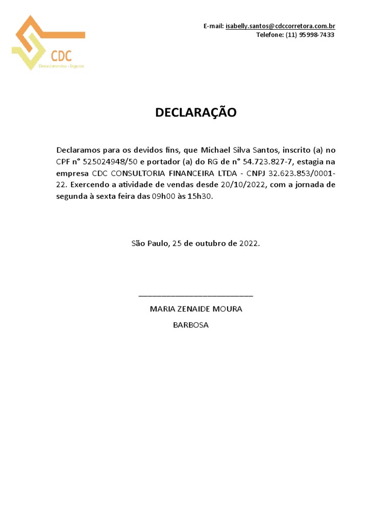 Declaração de Trabalho | PDF