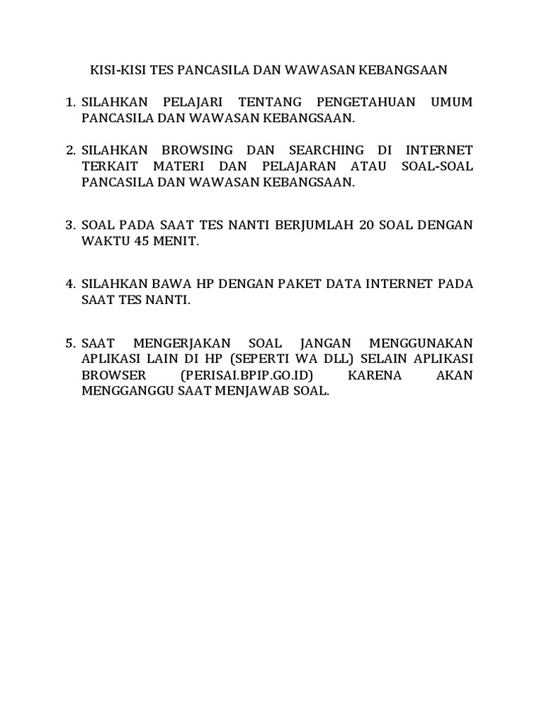 Kisi-Kisi Soal Pancasila Dan Wasbang PDF | PDF