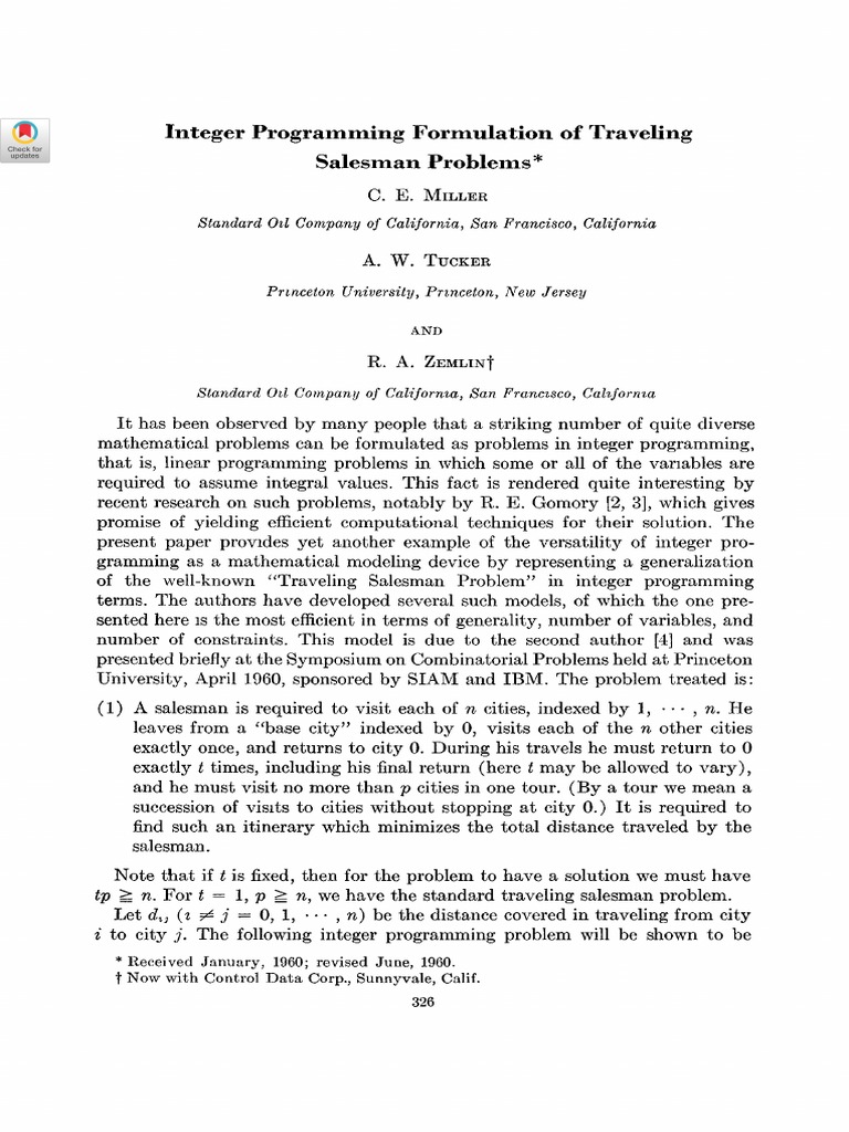 Miller C E A W Tucker And R A Zemlin 1960 Integer Programming Formulation Of