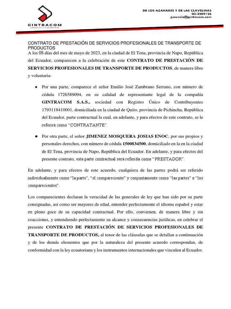 Contrato de Transporte GINTRACOM S.A.S. | PDF | Finanzas y dinero