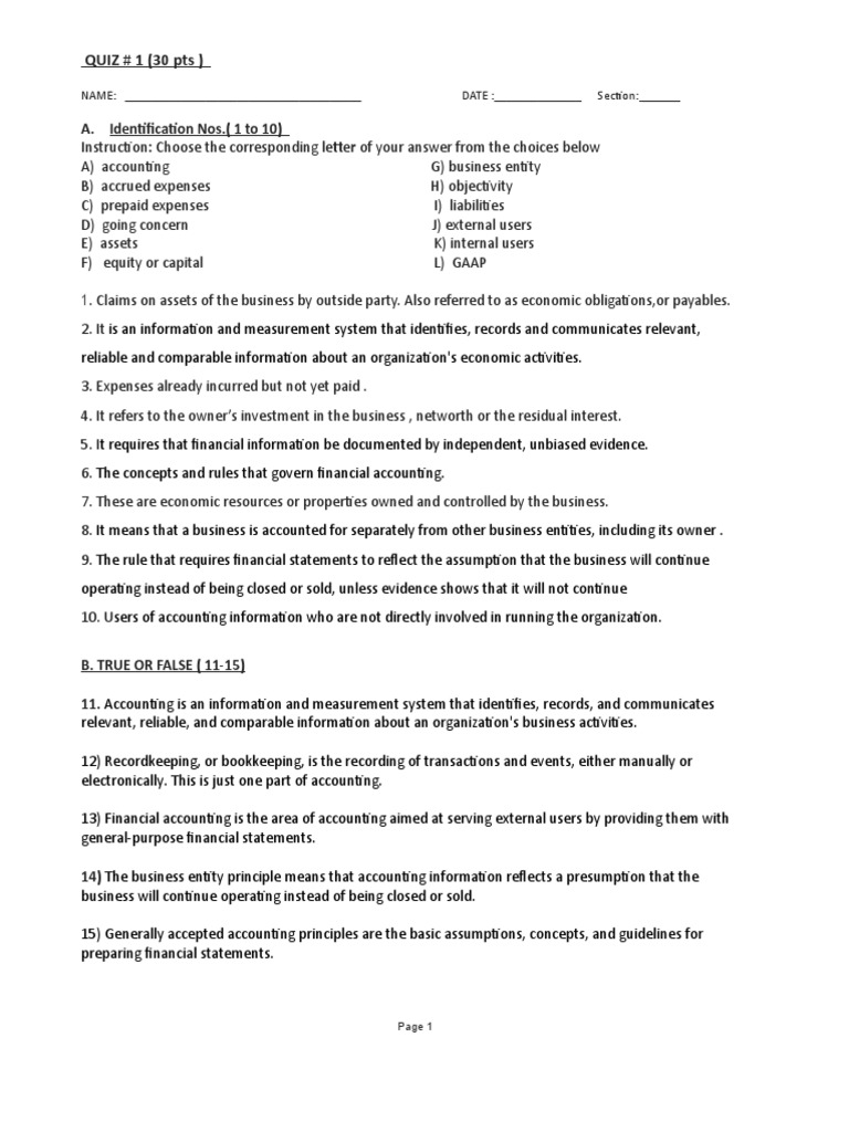 Accounting Quiz: Concepts & Equations | PDF