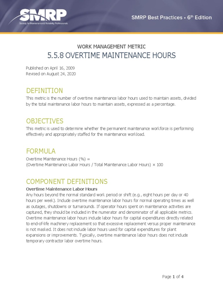 Overtime Maintenance Hours Metric | PDF | Reliability Engineering ...