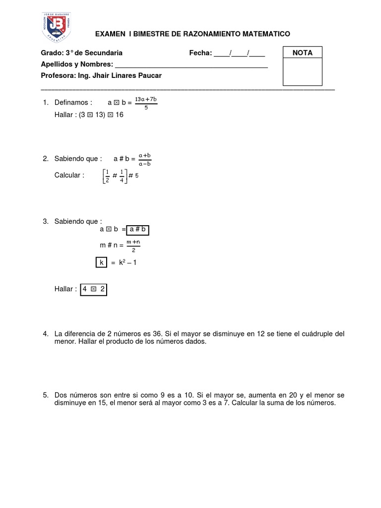 Examen Bimestral RM JB PDF | PDF | Matemáticas