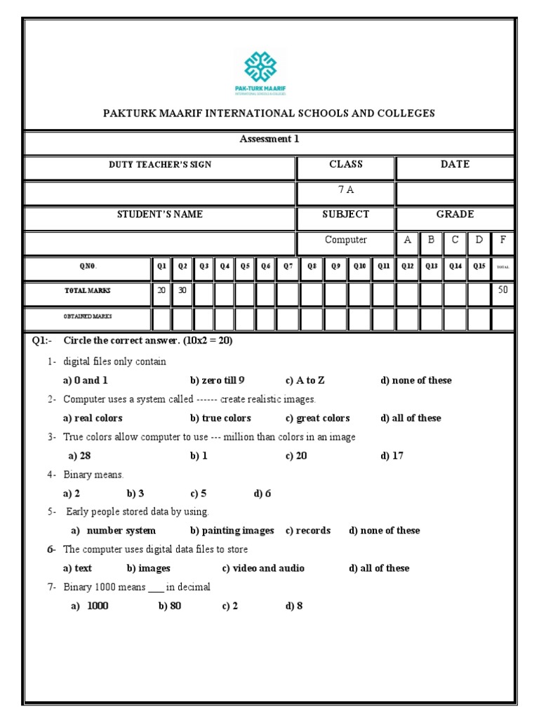 Class 7 Final Term Computer | PDF | Bit | Computer Hardware