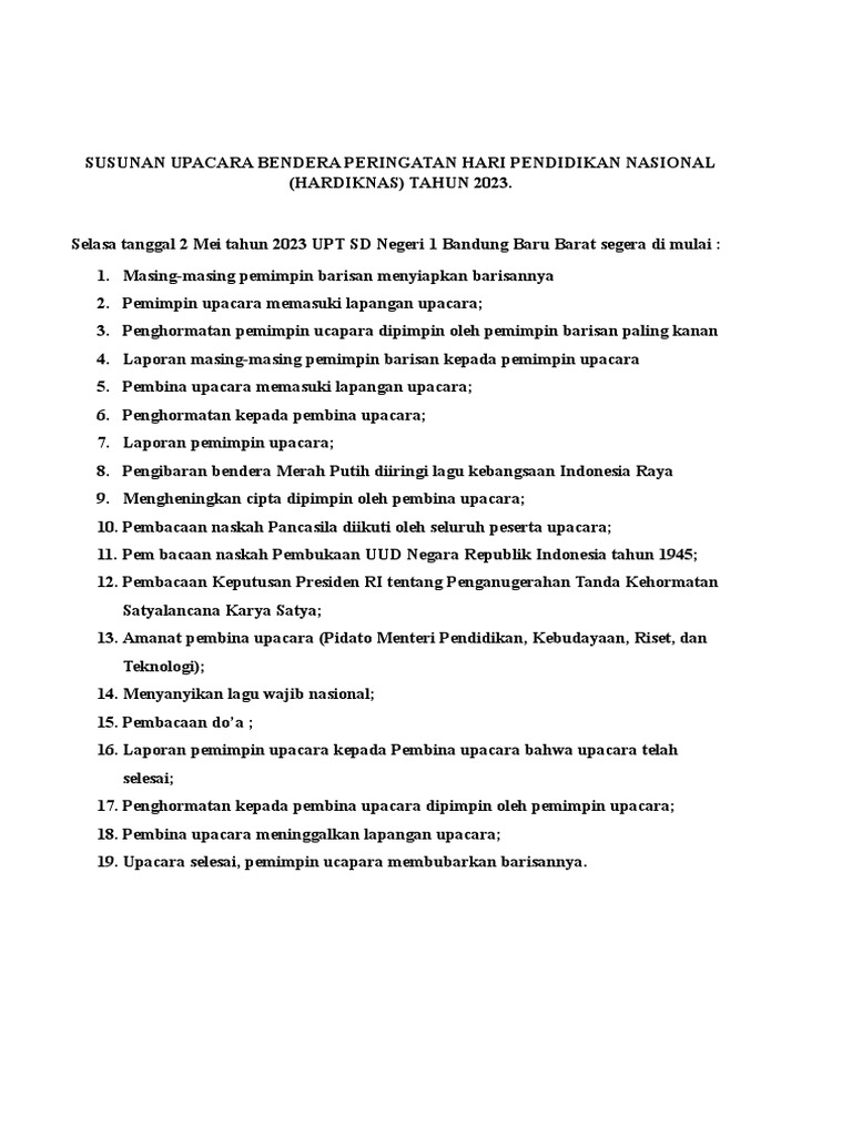 Susunan Upacara Bendera Peringatan Hari Pendidikan Nasional | PDF