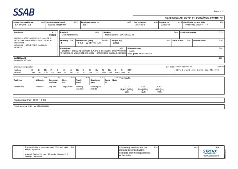 Ssab Emea Ab, Se-781 84 Borlänge, Sweden: Carbon Equivalent Etc C93-C99 ...