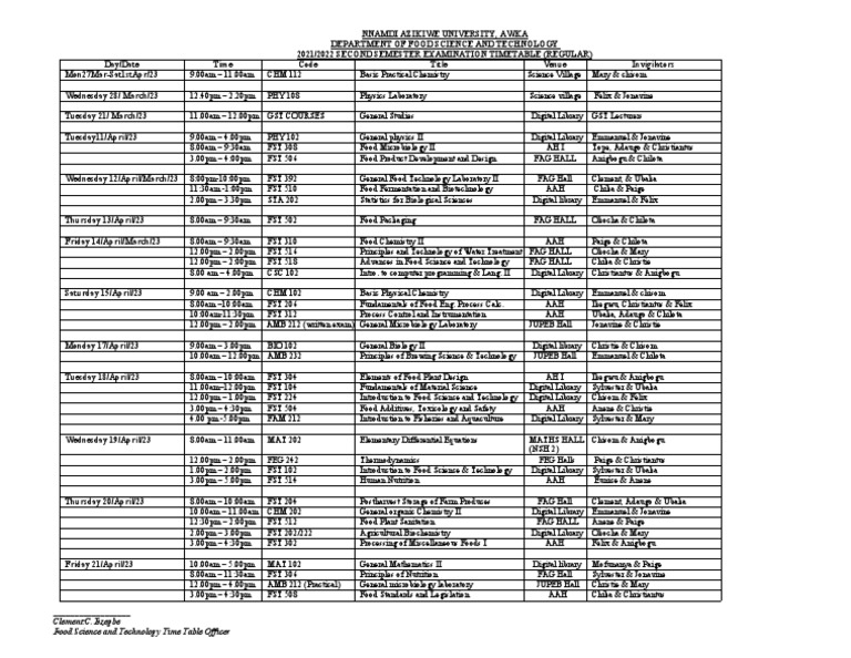 FST Dept 2021 - 2022 Second Semester Exam Timetable Revised - Final | PDF