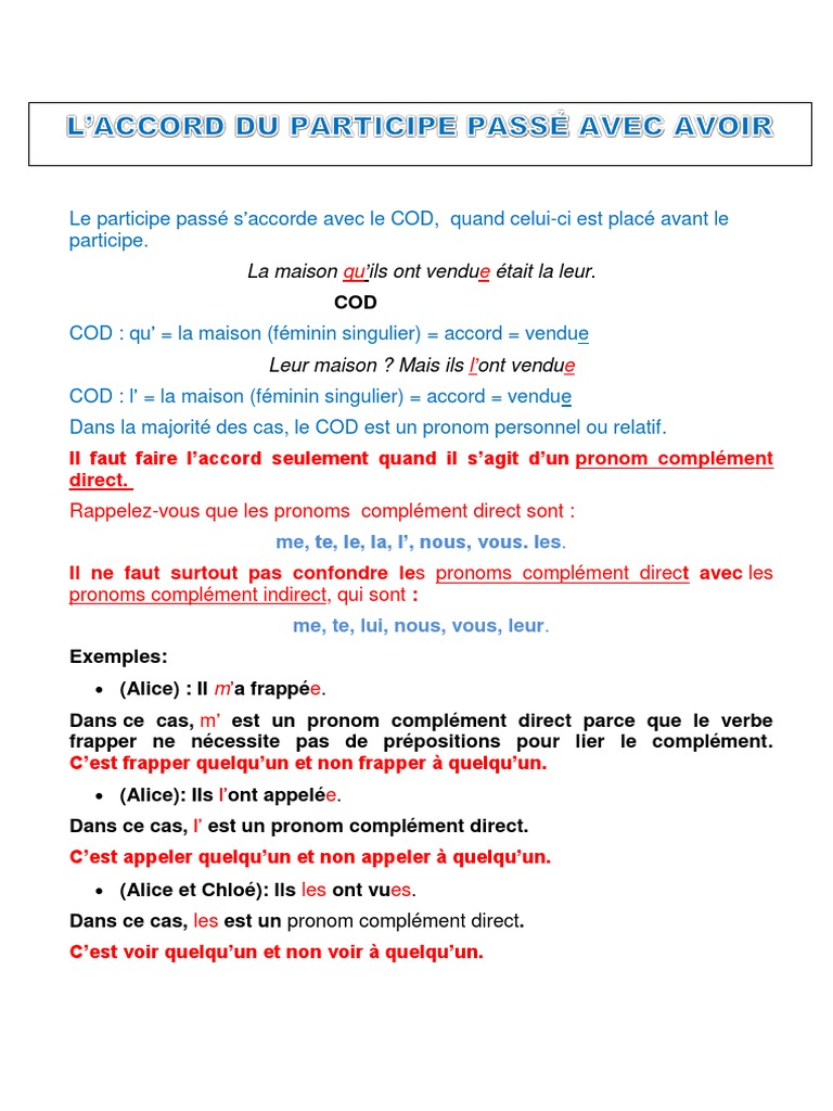 Accord du participe passé avec avoir | PDF | Philosophie | Arts du ...